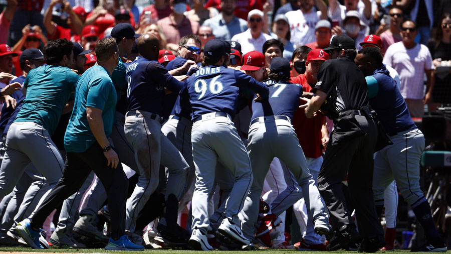 Mariners, Angels get in major brawl after inside pitches; 8 ejected ...